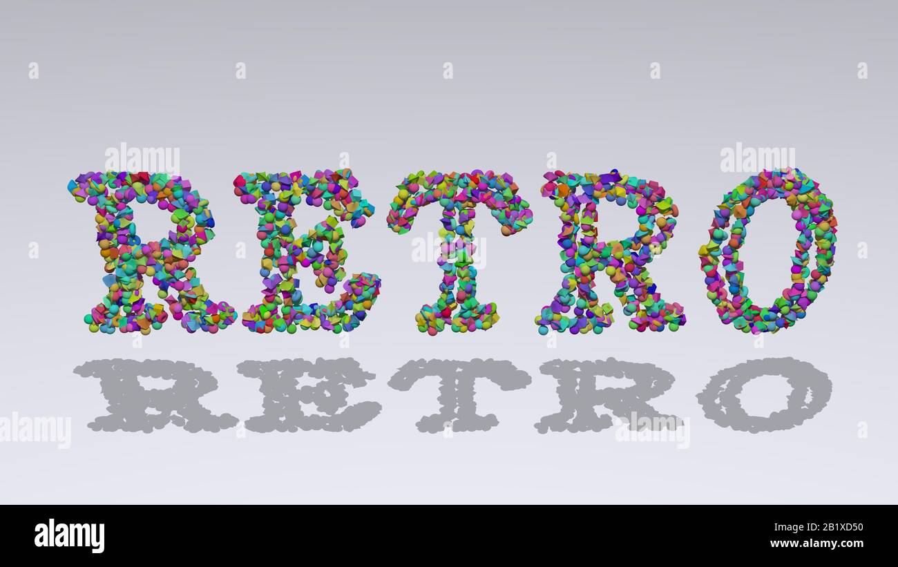 Colorful 3D writting of RETRO text with small objects over a white ...