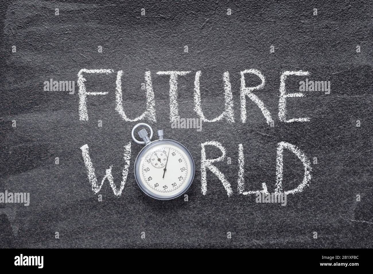 future world phrase handwritten on chalkboard with vintage precise ...