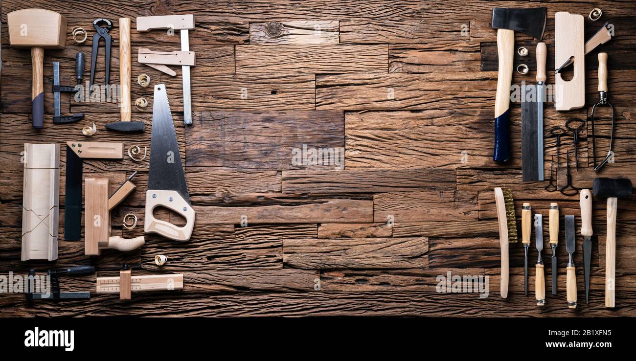 Various Carpenter Tools From Toolkit Laying On Desk Stock Photo - Alamy