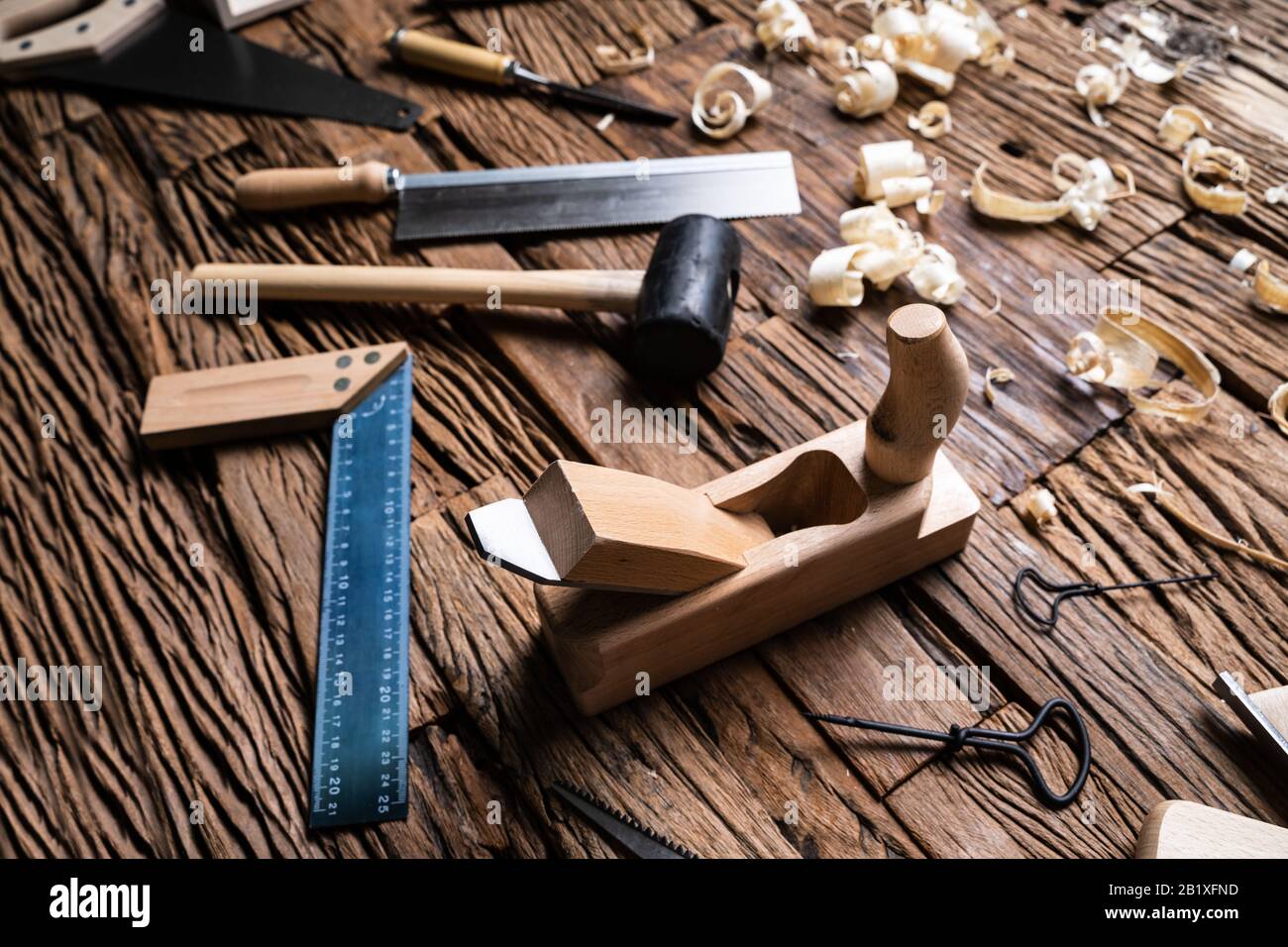 Various Carpenter Tools From Toolkit Laying On Desk Stock Photo - Alamy