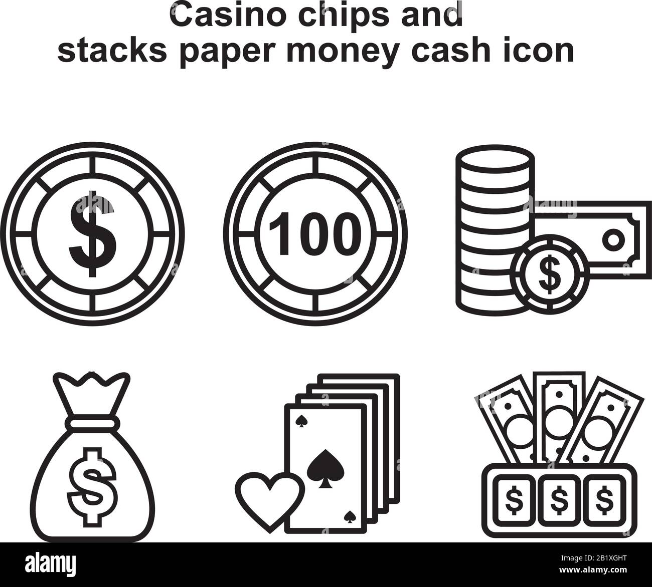 Casino chips and stacks paper money cash icon template black color ...