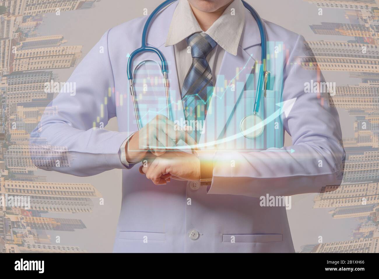 young doctor holding smart watch and touching visual screen of medical ...