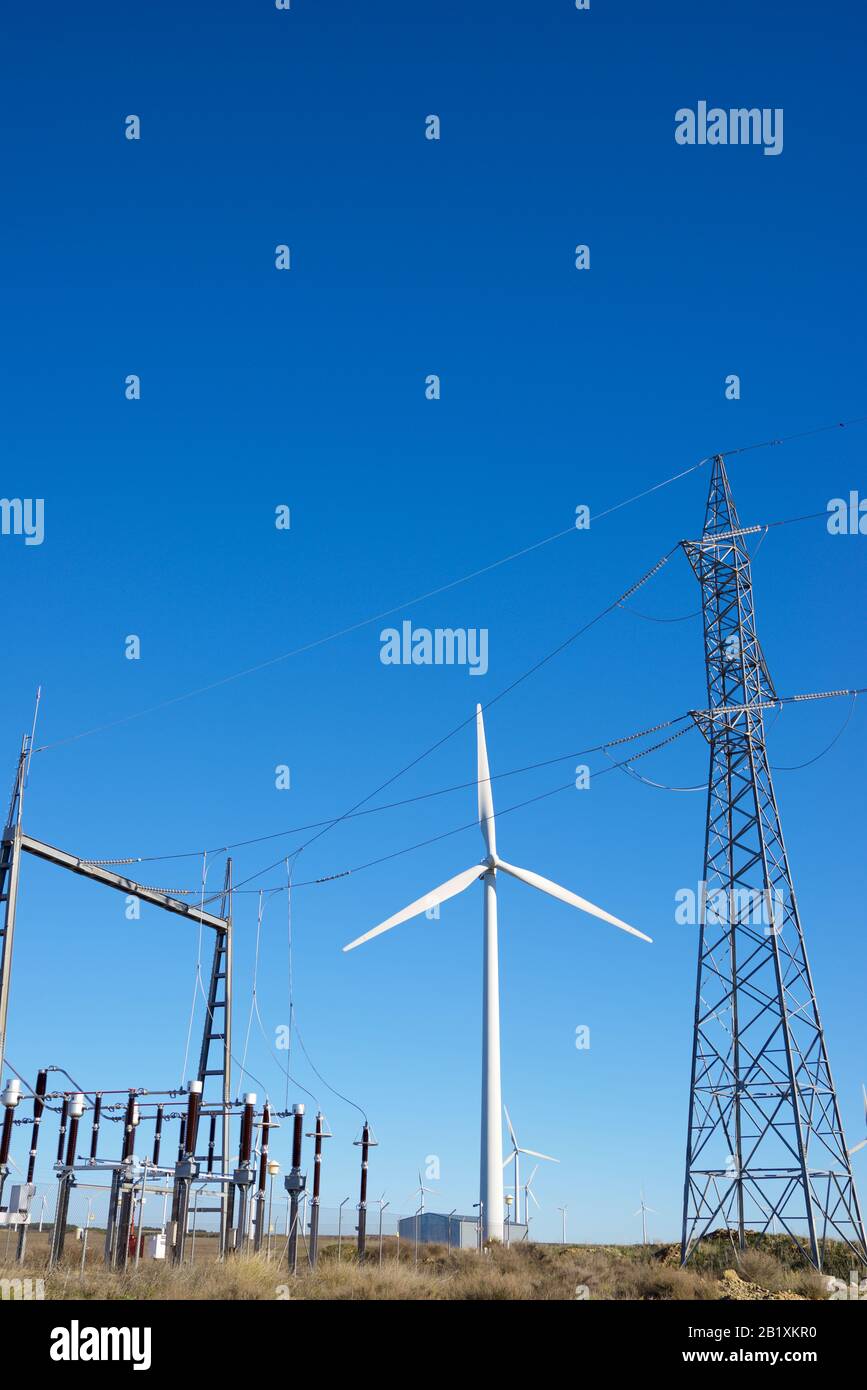 Windmills and electrical substation, Huesca province, Aragon in Spain ...
