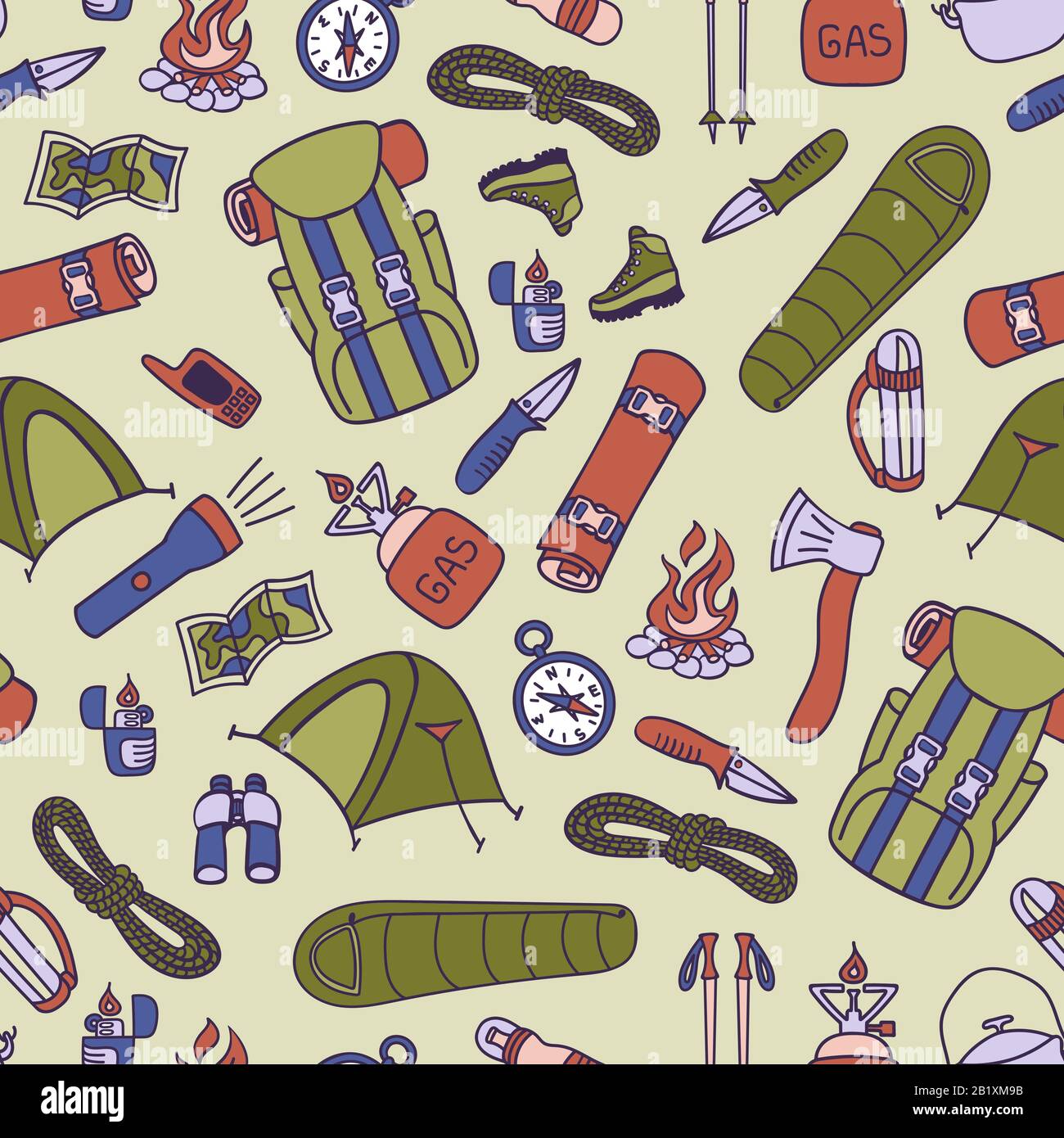 Hiking and backpacking colored seamless pattern. Trekking hand drawn ...