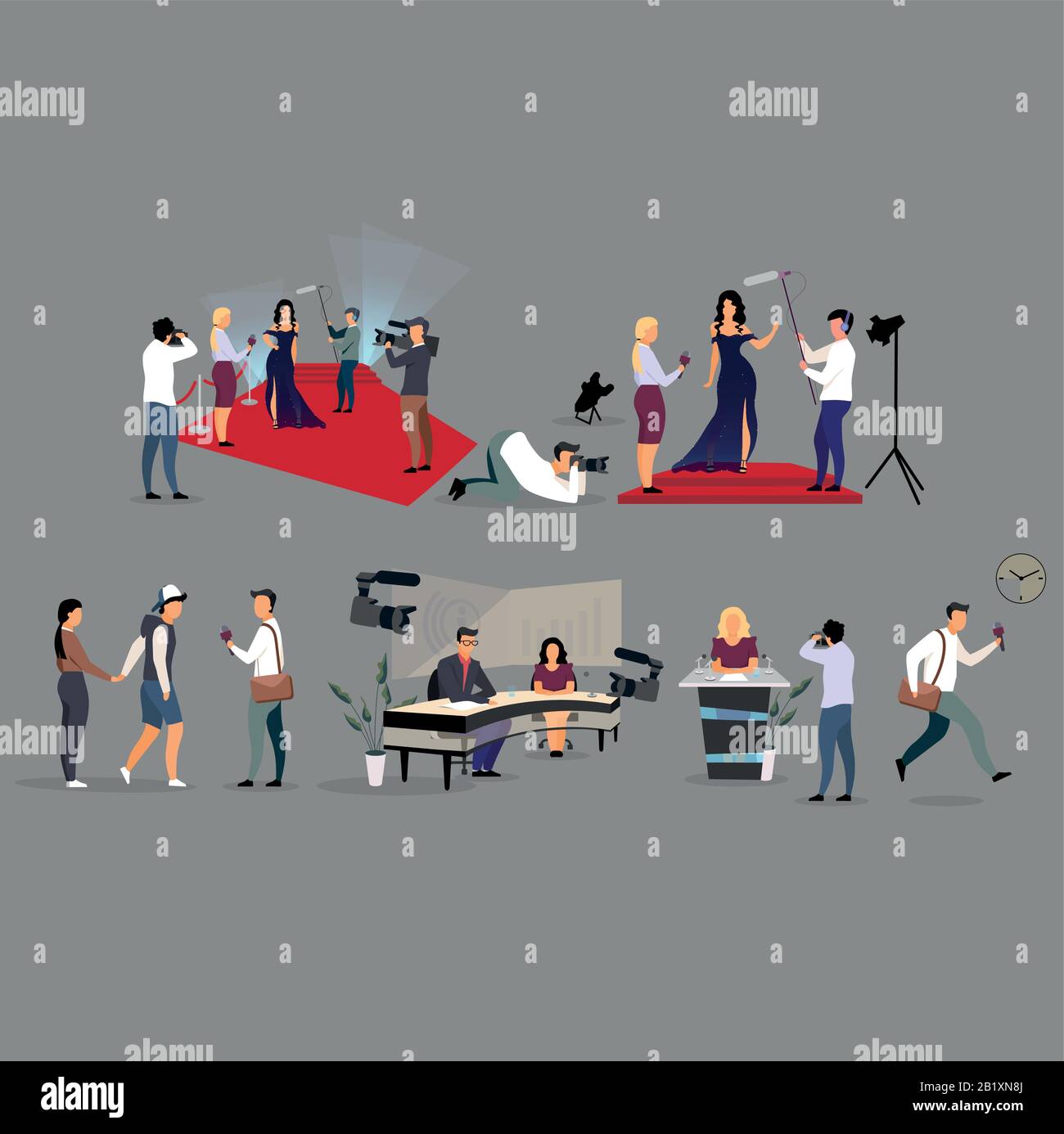 Journalist interviewing flat illustration set. Correspondents ...