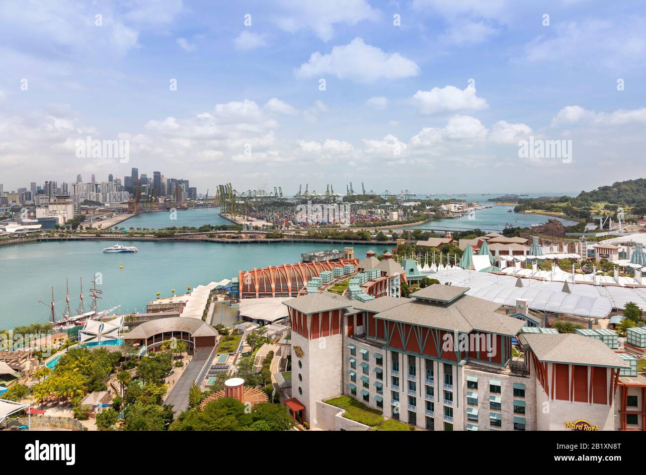 High view of Singapore Cruise Centre, ports and docklands, and Sentosa ...