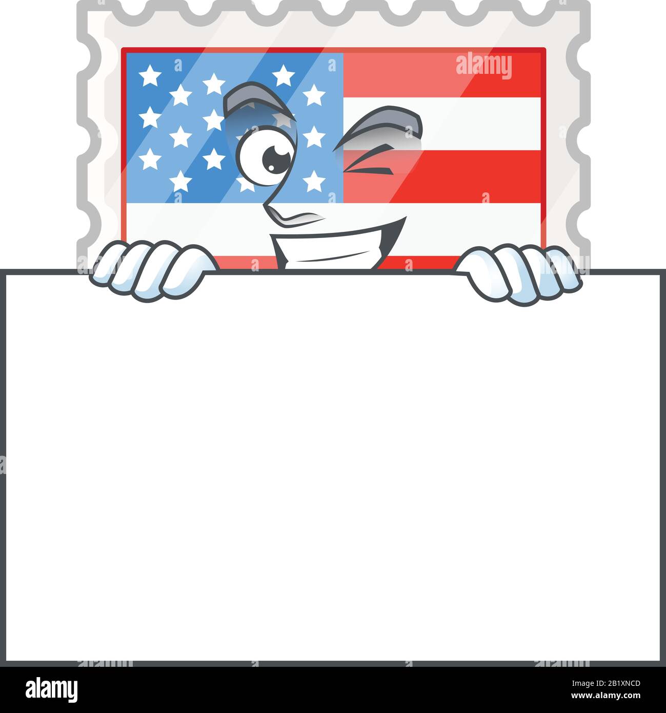 Independence day stamp cartoon character with funny face hides behind a ...