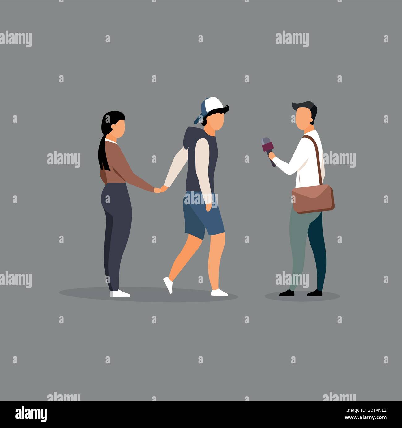 Journalist interviewing young couple on street flat illustration. Journalist with microphone ...