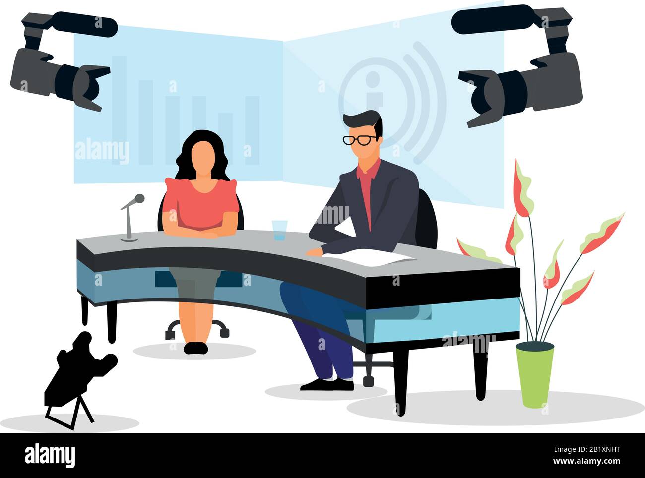 Television presenter, journalists at news studio flat vector illustration. Newscasters ...