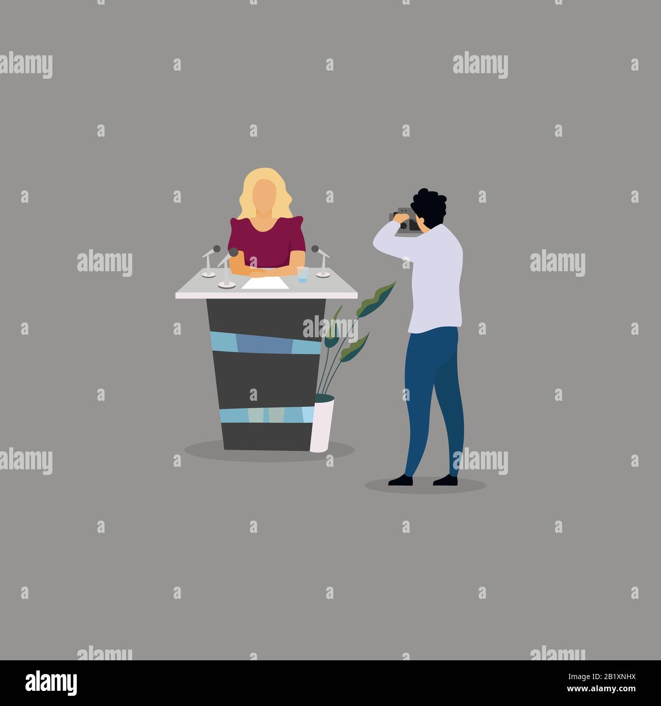 Politician, speaker on podium flat illustration. Photographer taking ...