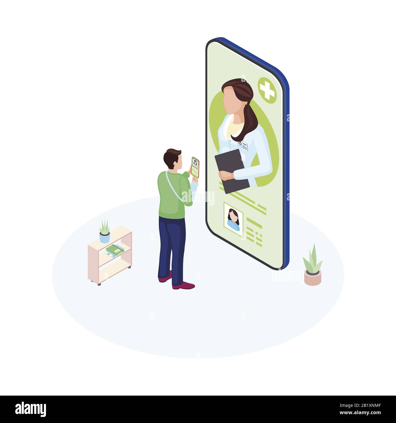 Ehealth smartphone app isometric illustration. Male patient ...