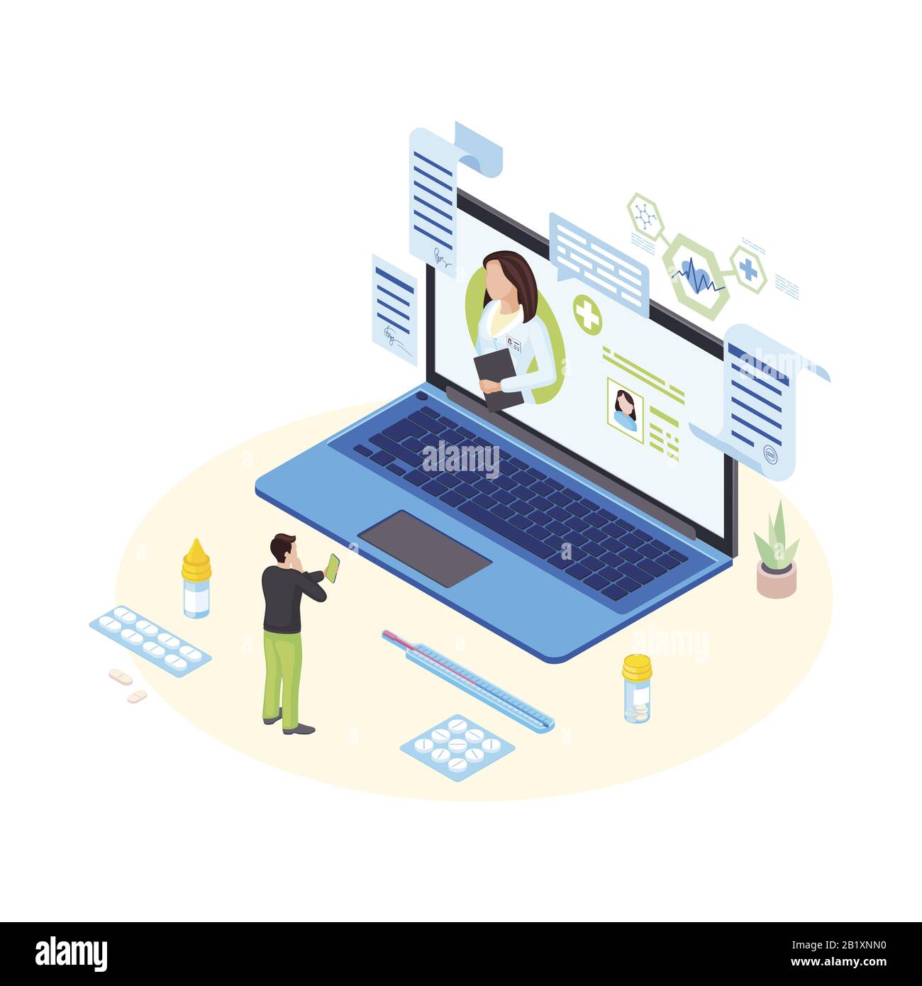 Remote doctor consultation isometric illustration. Male patient on ...