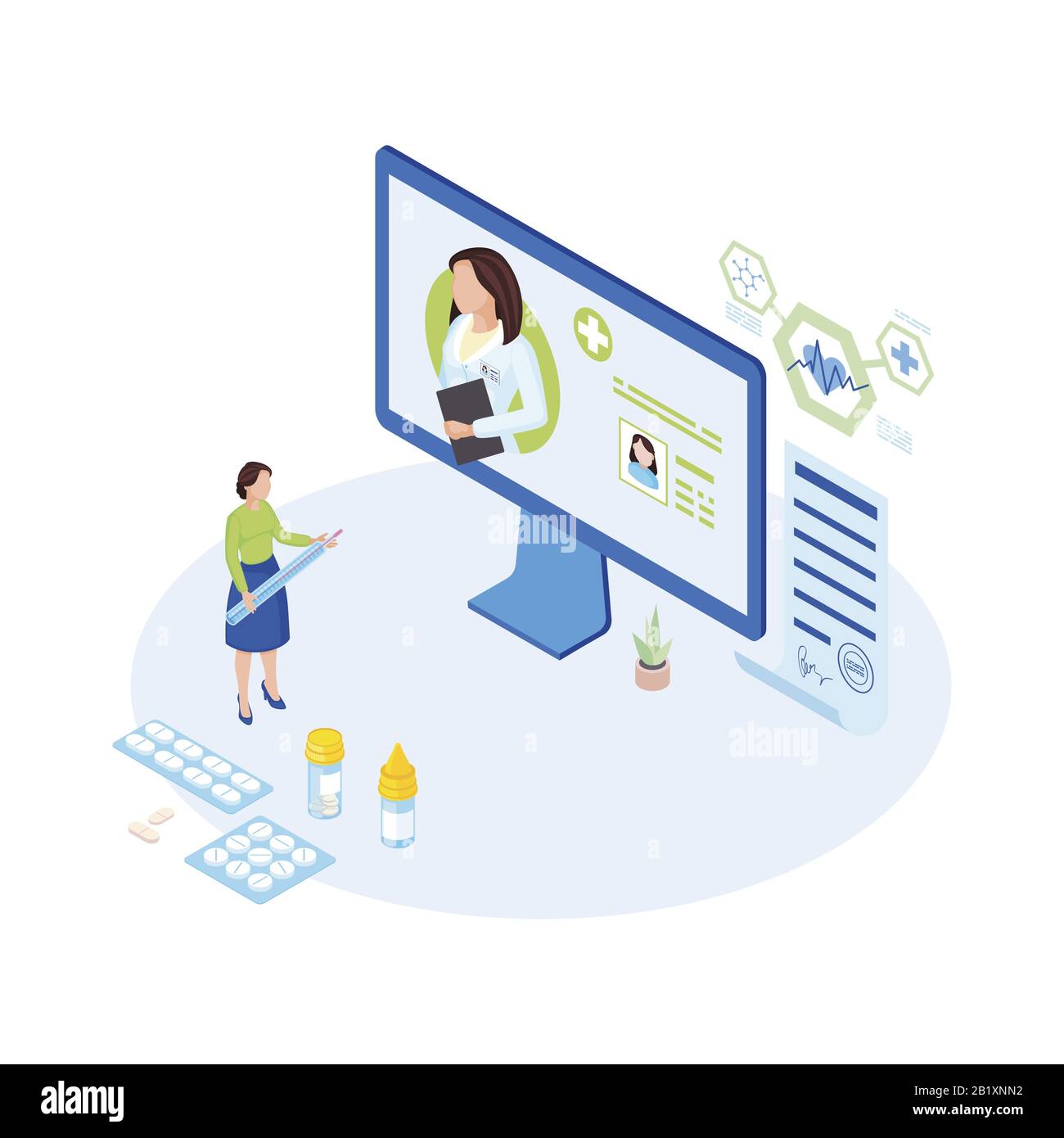 Telemedicine expert at work isometric illustration. Cartoon physician ...