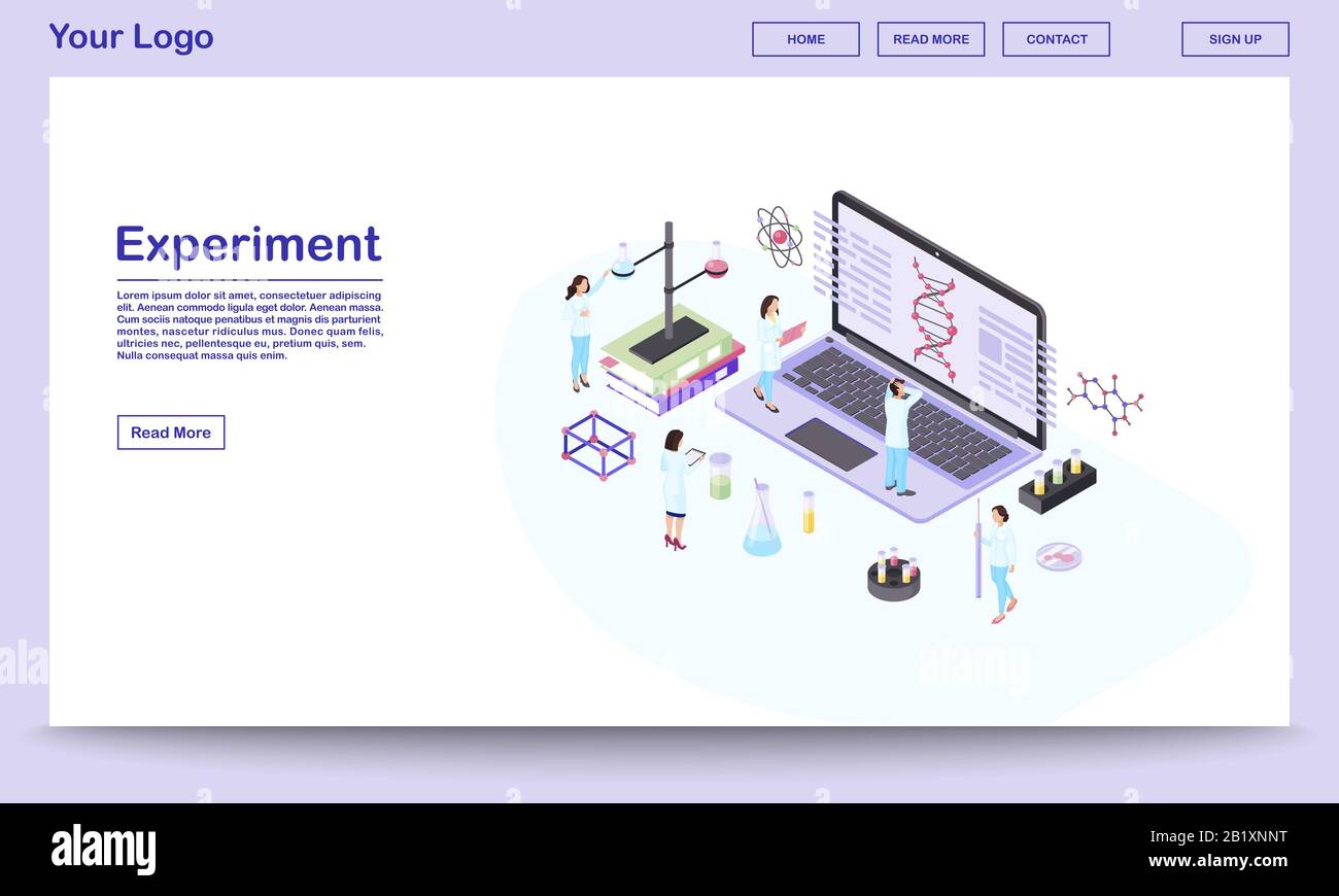 Genetic engineering isometric website template. Scientists analyzing DNA spiral on laptop screen ...
