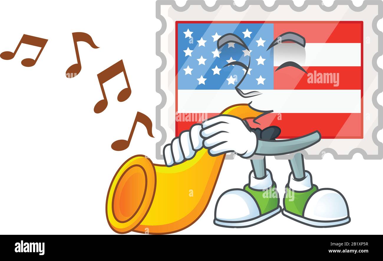 cartoon character style of independence day stamp playing a trumpet ...