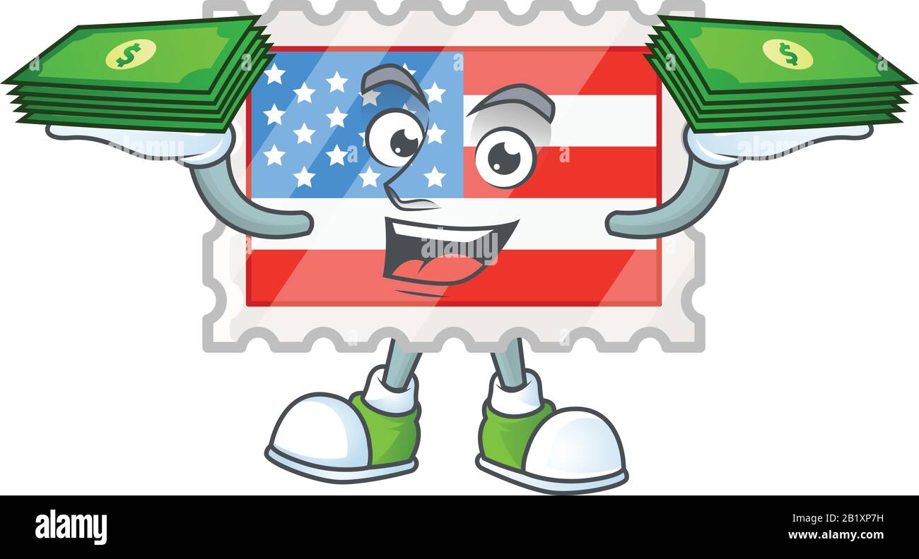 rich and famous independence day stamp cartoon character with money on ...