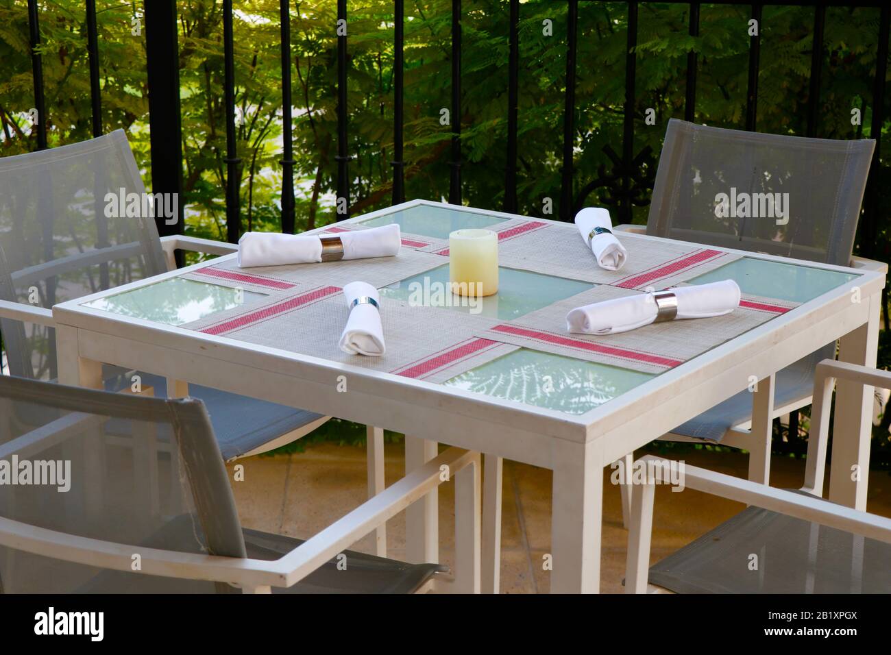 dining table set up in open terrace with beautiful nature view Stock ...