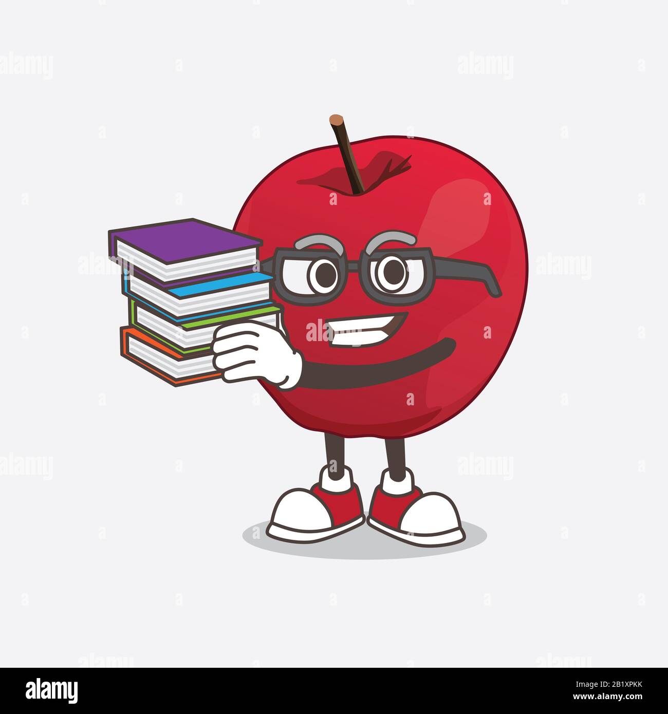 A picture of apple cartoon mascot character studying with some books ...