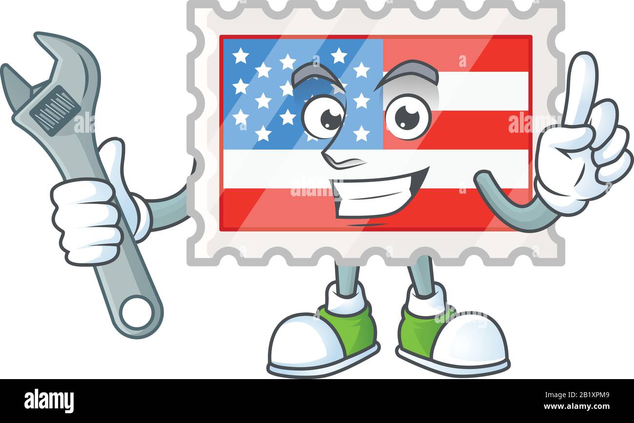 happily Mechanic independence day stamp cartoon character design Stock ...