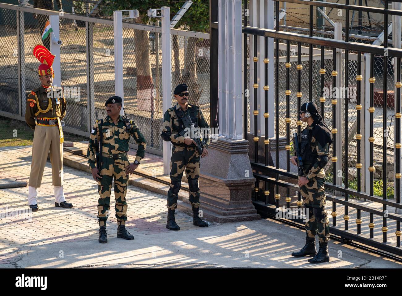 Attari, India - Febuary 8, 2020: Indian Border Security Force guard the ...