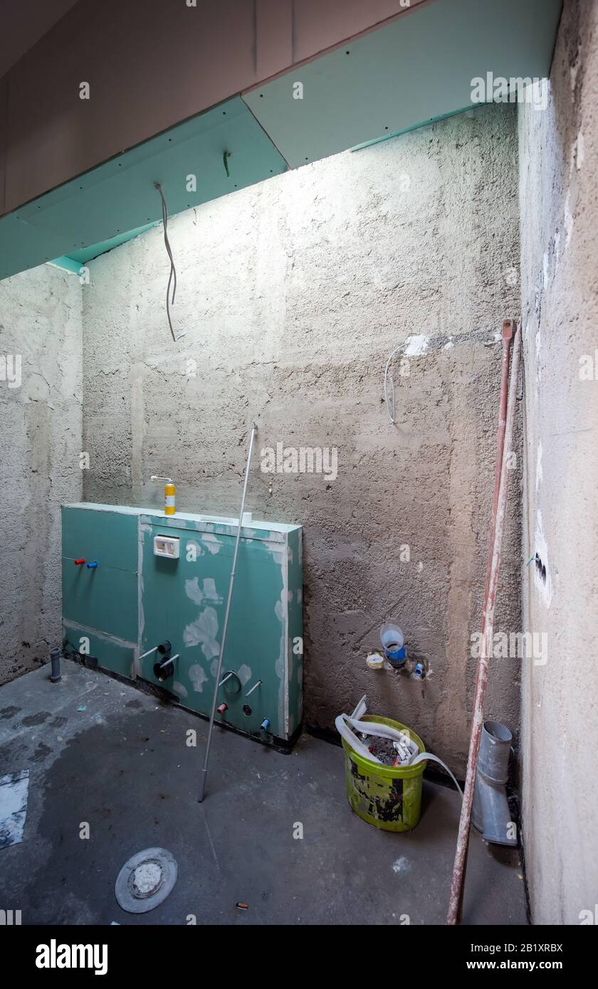 interior of construction site with concrete walls at new unfinished ...