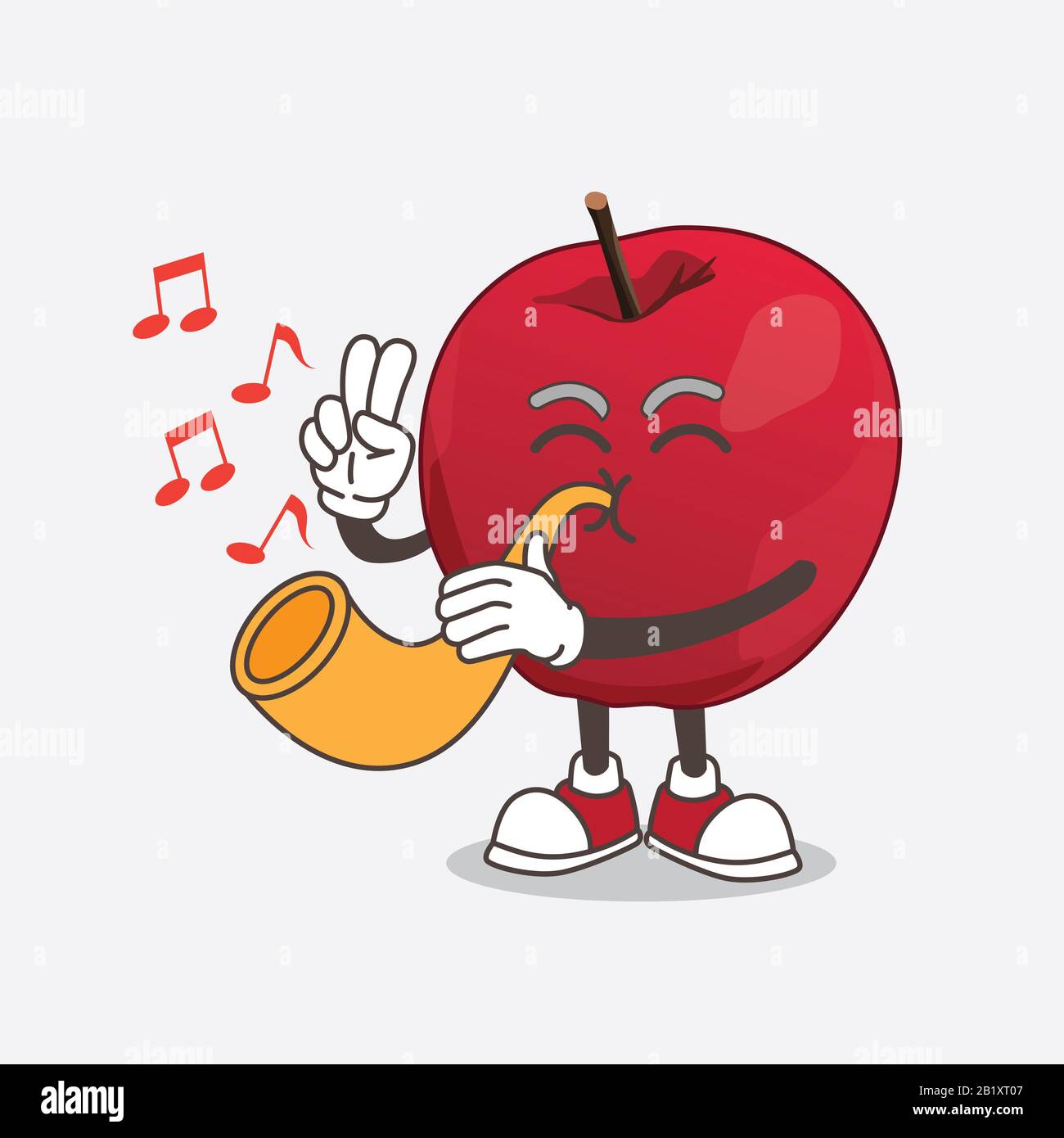 A picture of apple cartoon mascot character playing music with trumpet ...