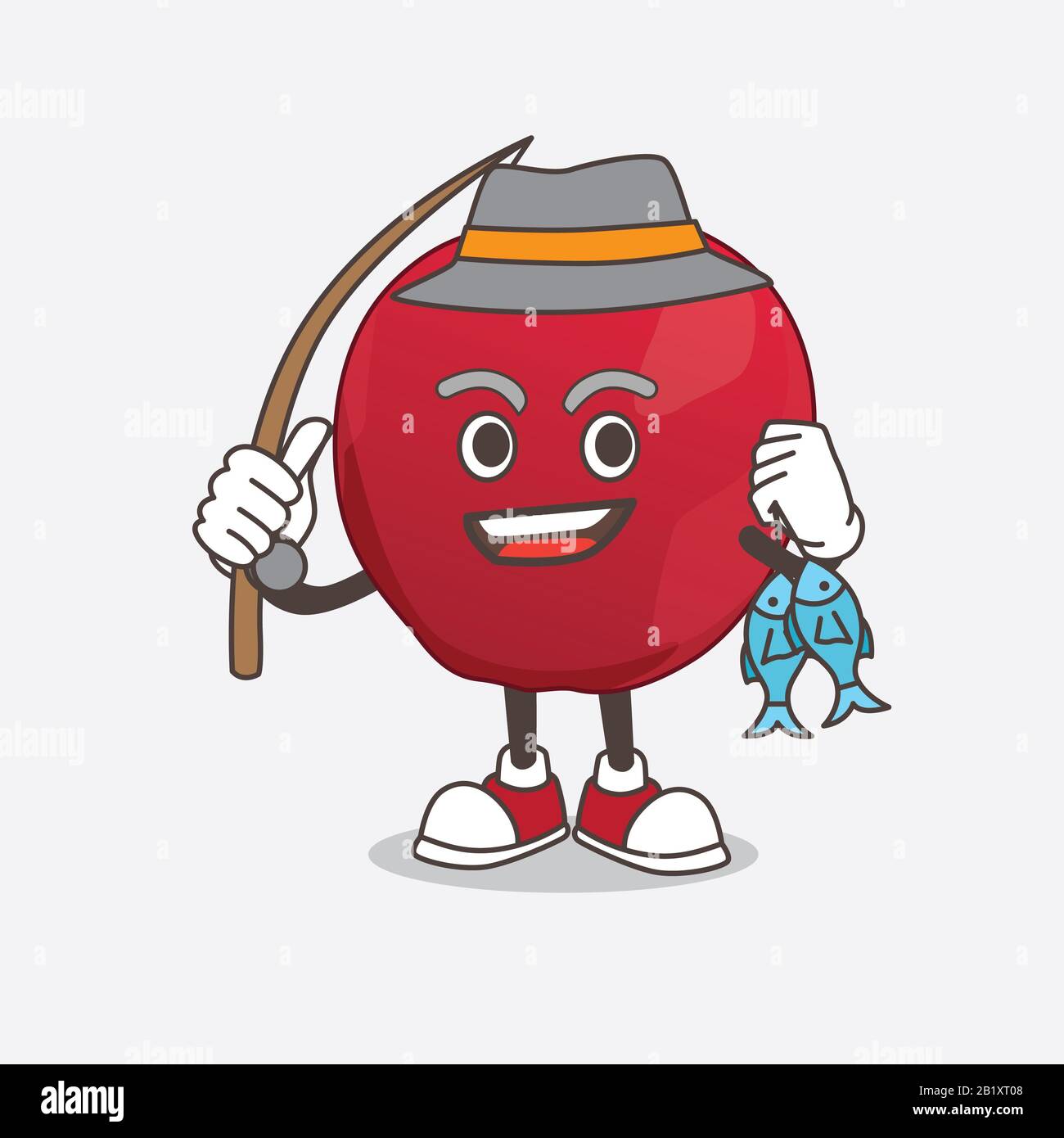 A picture of apple cartoon mascot character fishing with 2 fishes Stock ...