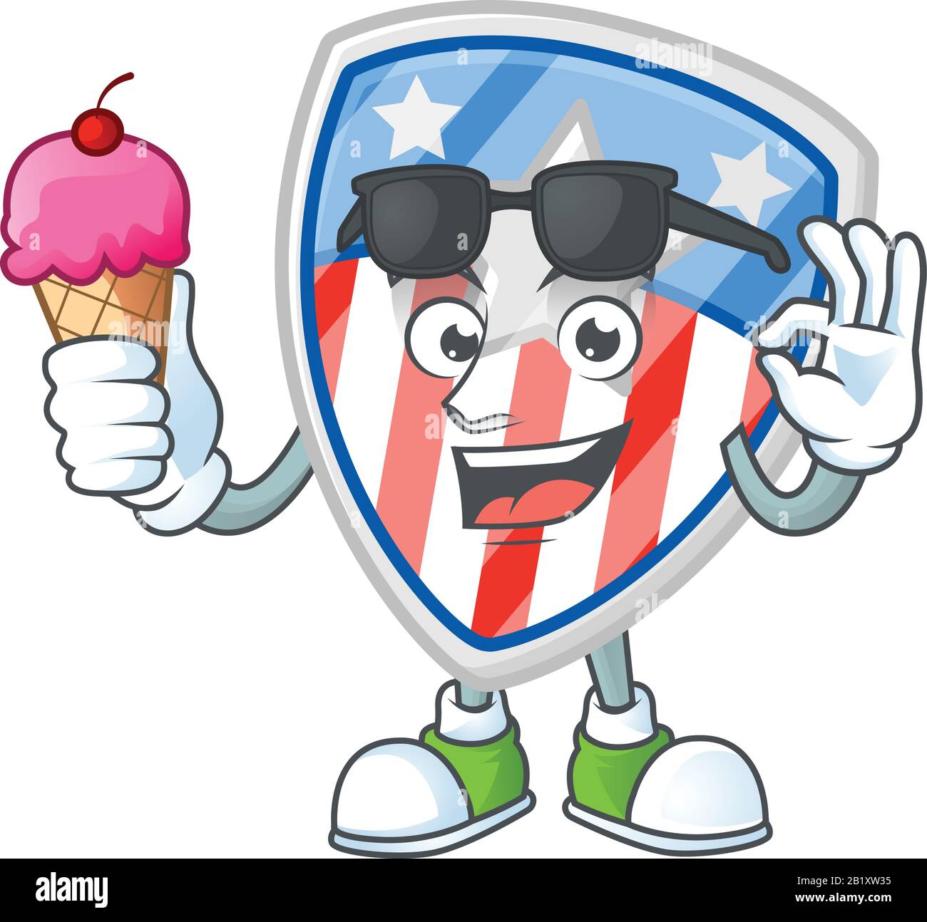 Shield badges USA with star mascot cartoon style eating an ice cream ...