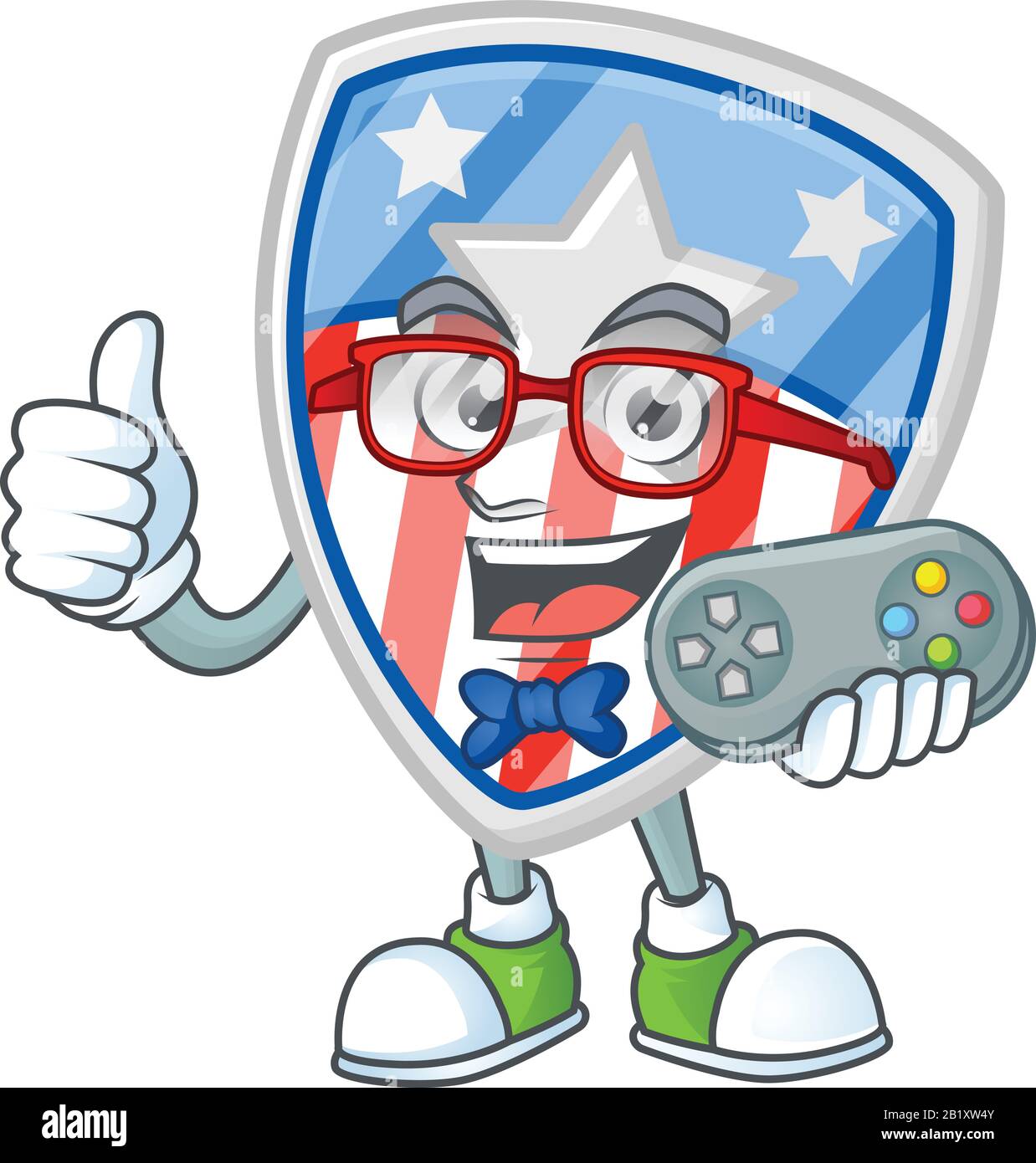 An attractive gamer shield badges USA with star cartoon character ...