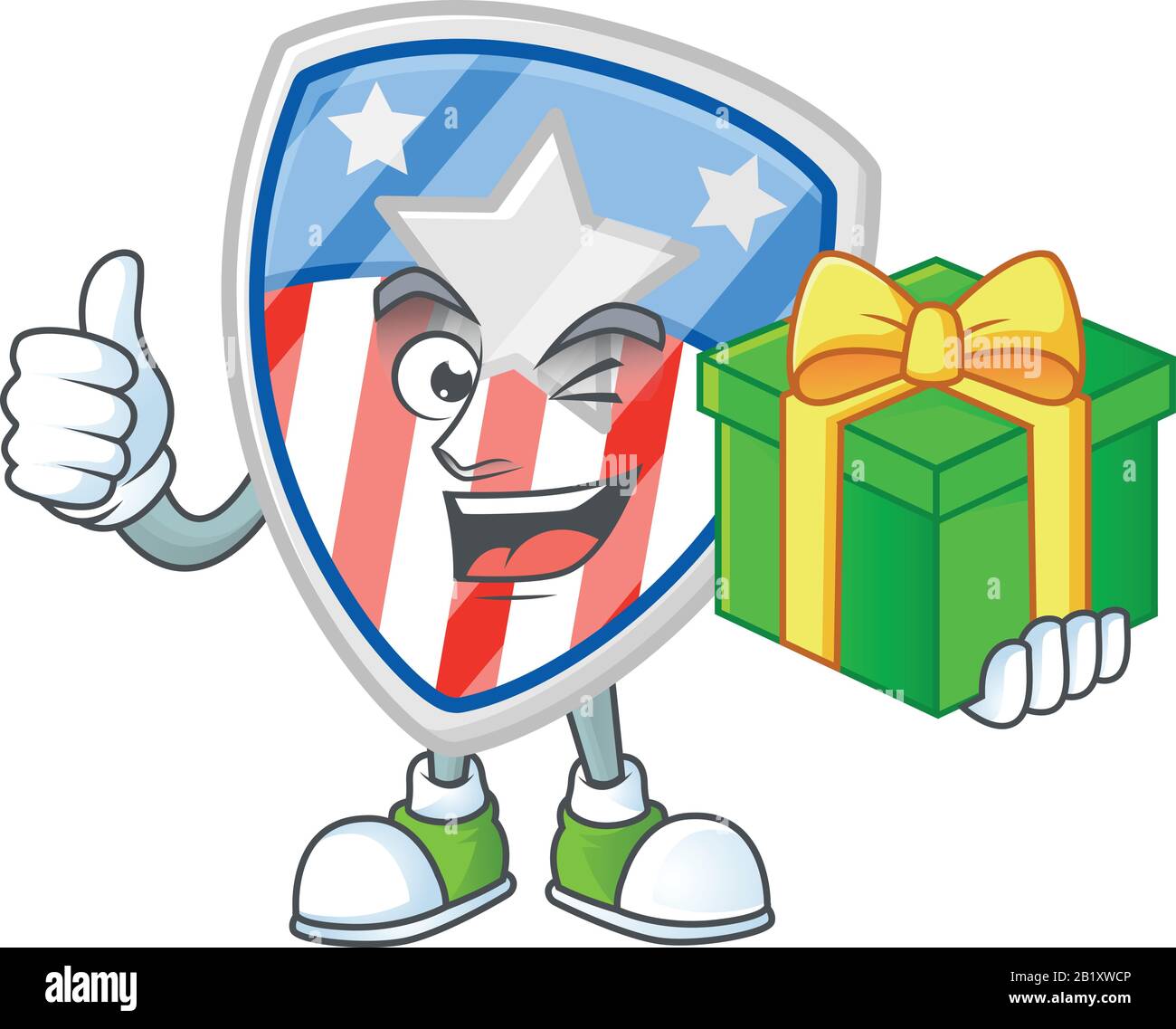Cute shield badges USA with star character holding a gift box Stock ...