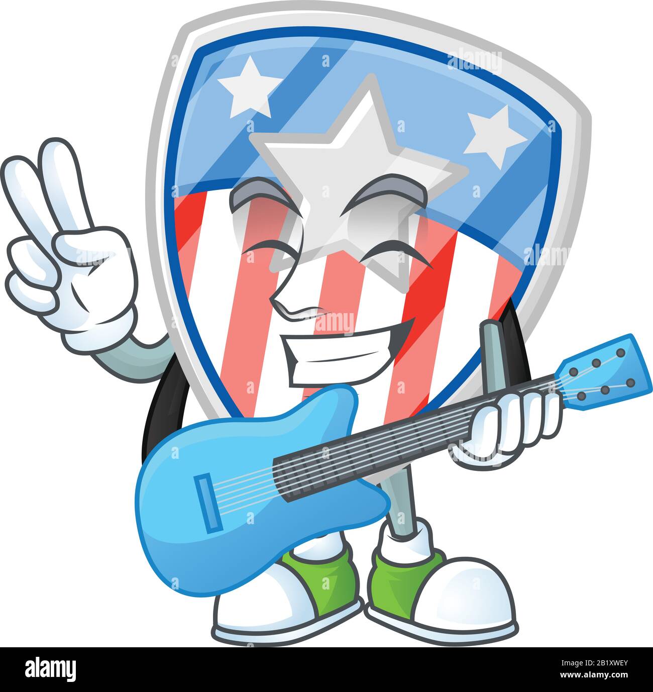 A cartoon character of shield badges USA with star playing a guitar ...