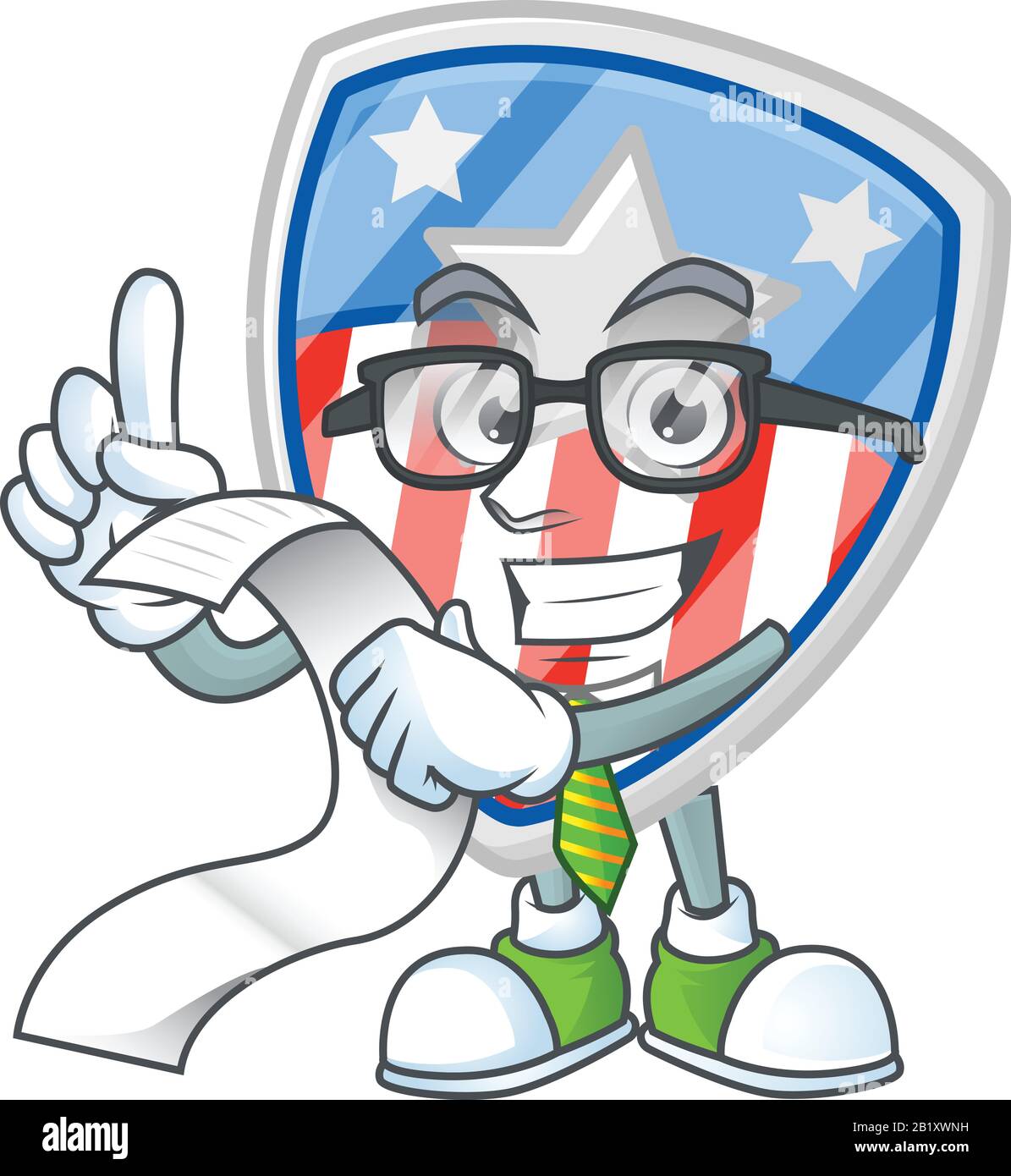 A funny face character of shield badges USA with star holding a menu ...