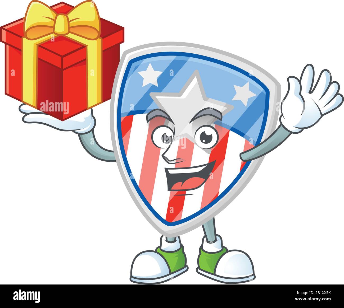 cartoon character of shield badges USA with star with a box of gift ...