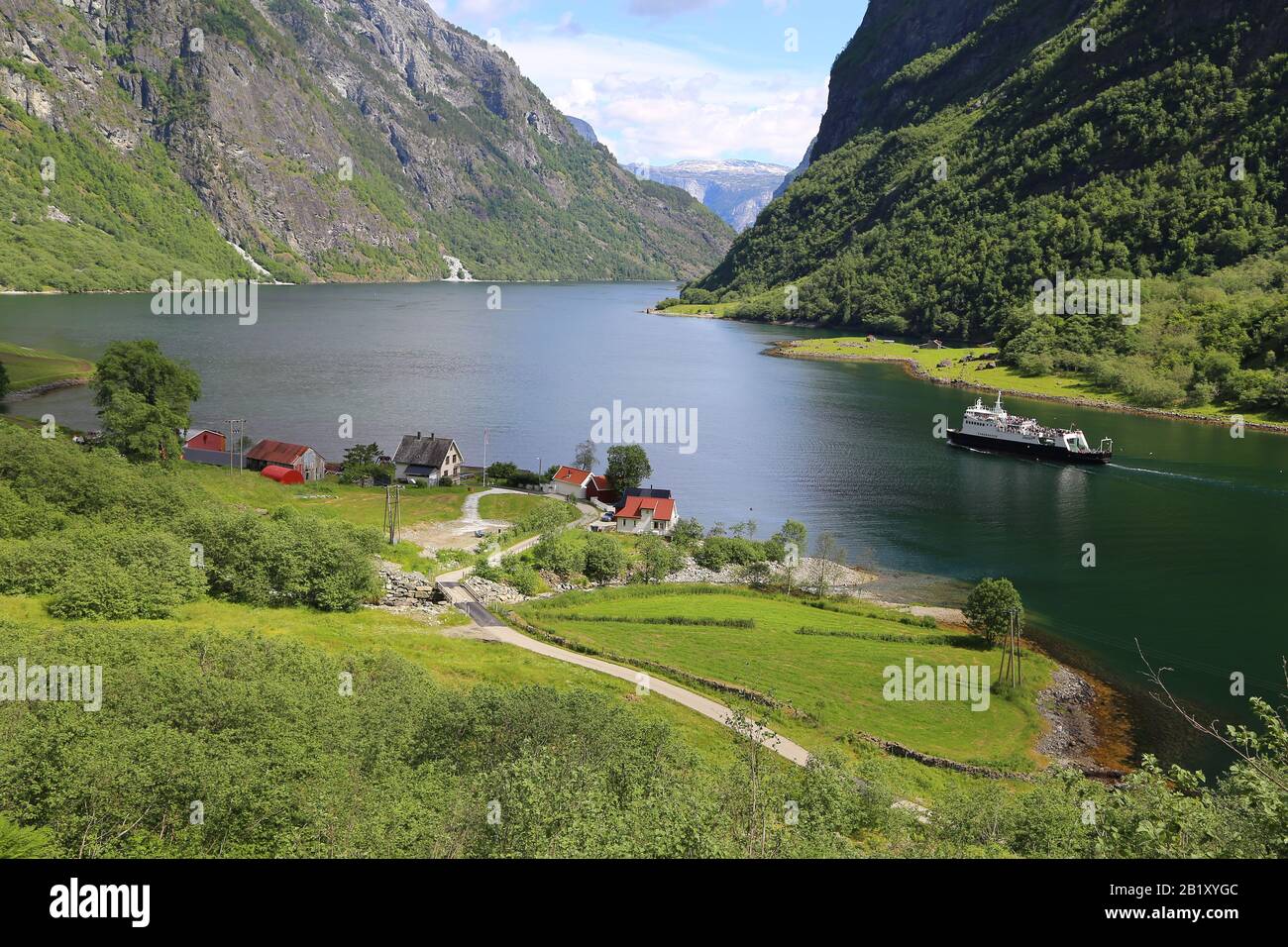 Naeroyfjord idyllic fjord landscape reflection, ship ferry, Norway ...