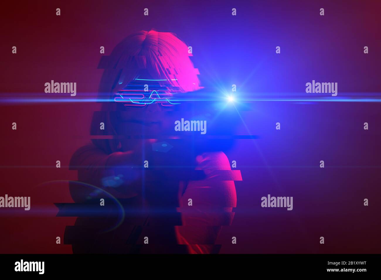 Girl with blaster in the futuristic battle. Concept virtual reality ...
