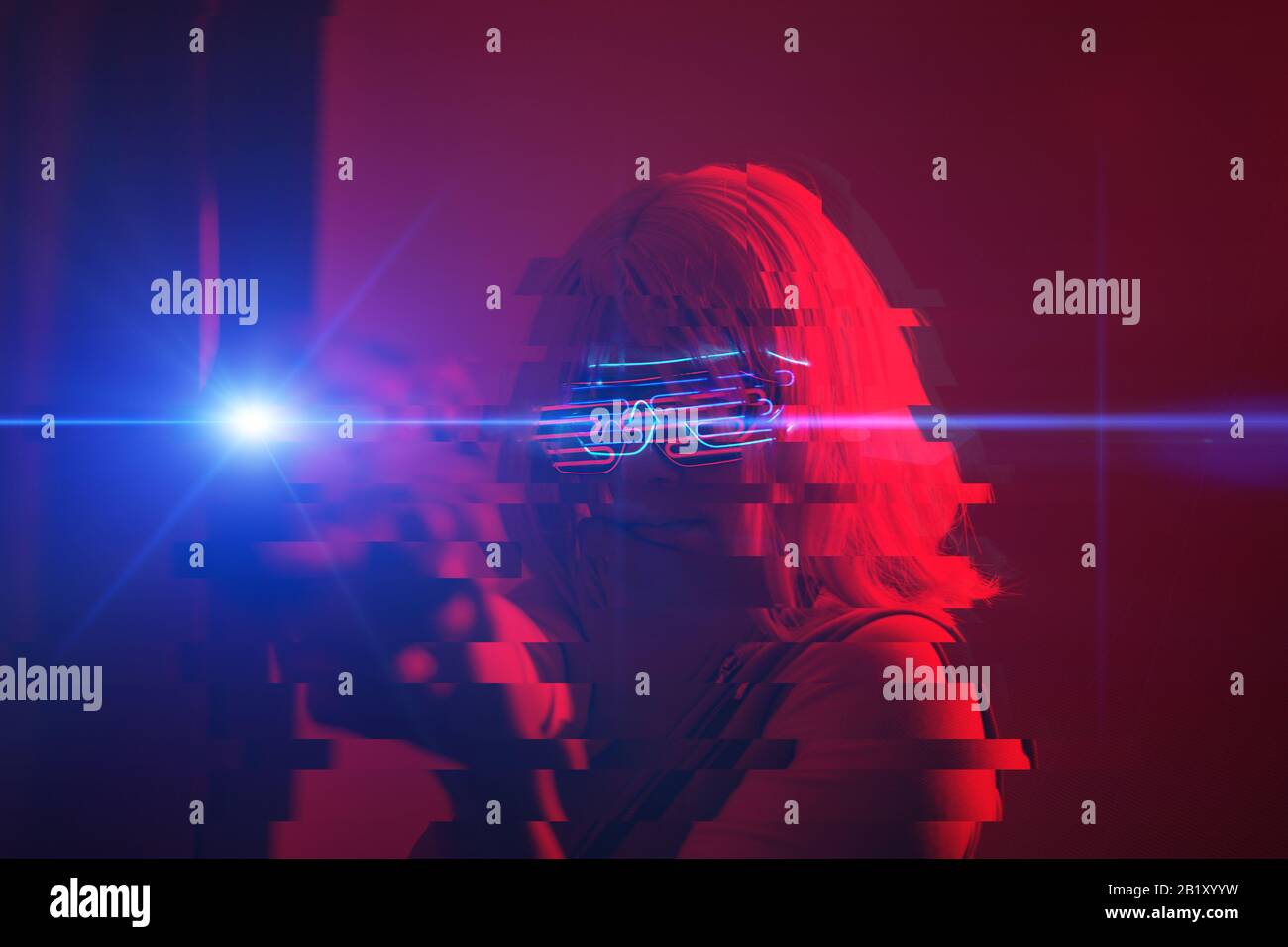 Girl with blaster in the futuristic battle. Concept virtual reality ...