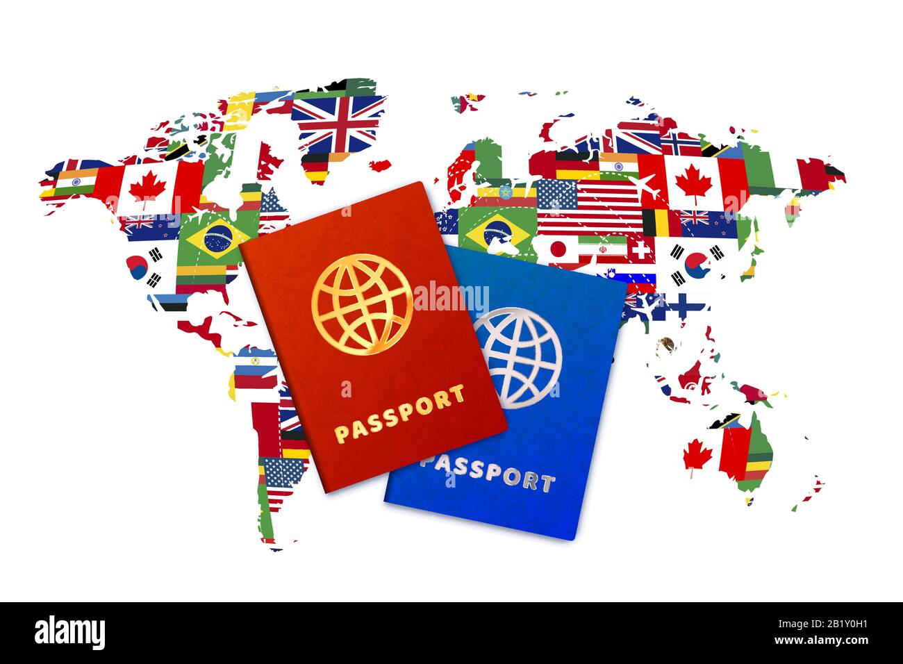 Couple bright passports on world map with flags of sovereign states on ...