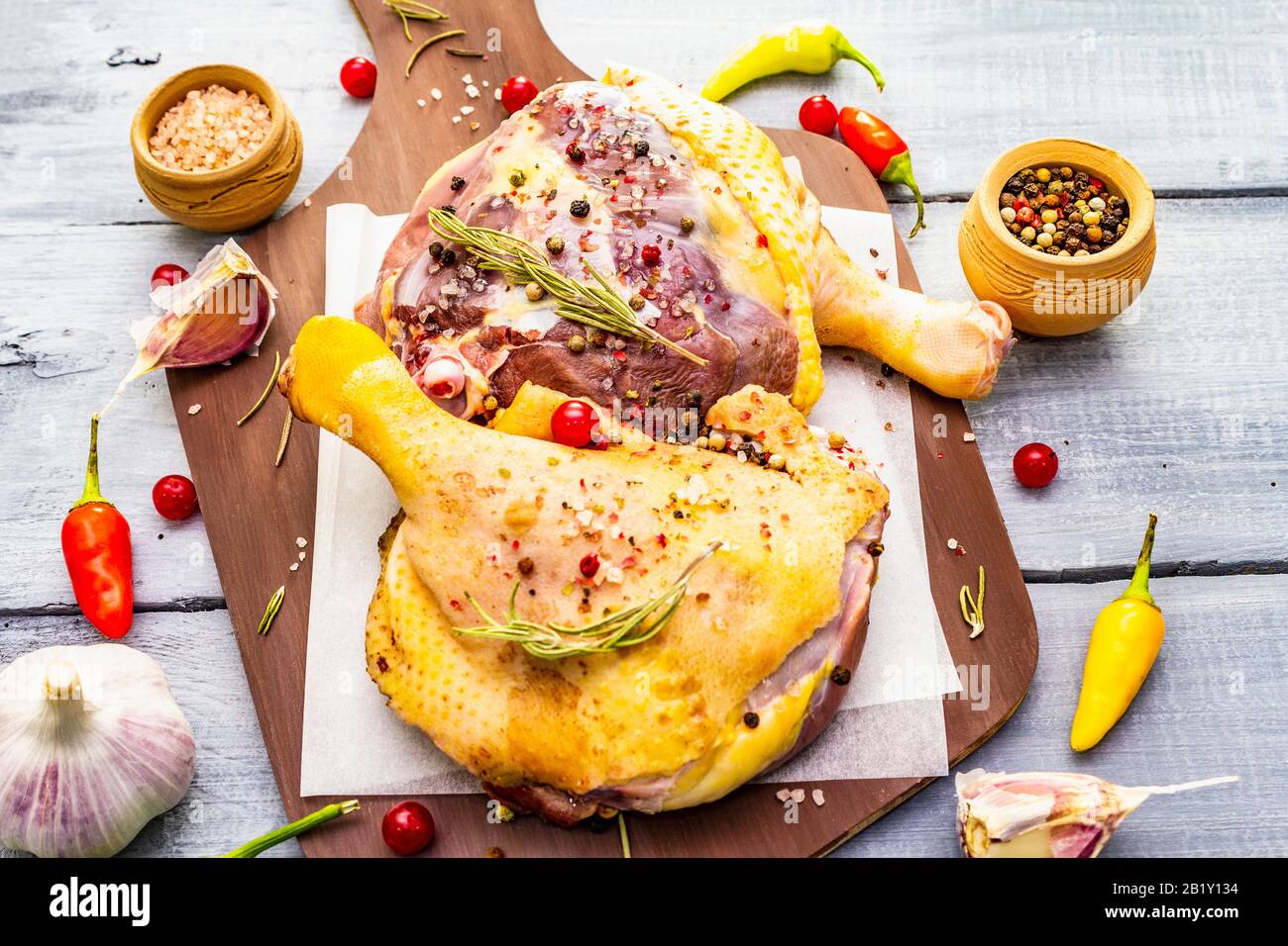 Raw duck legs. Fresh BIO ingredient for preparation traditional French ...