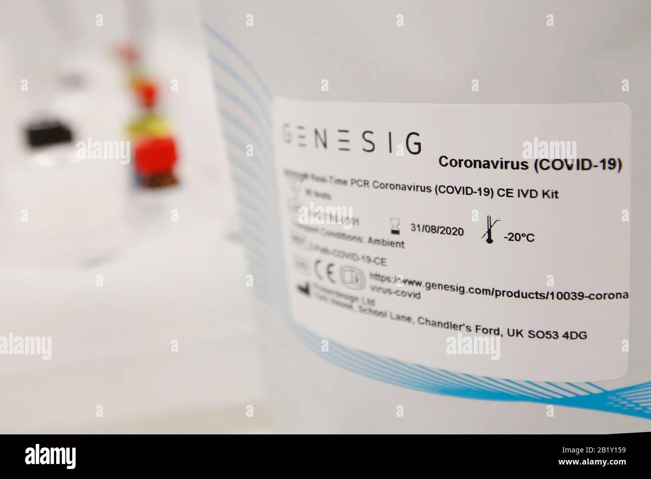 External packaging of a Coronavirus COVID-19 detection kit, at the ...