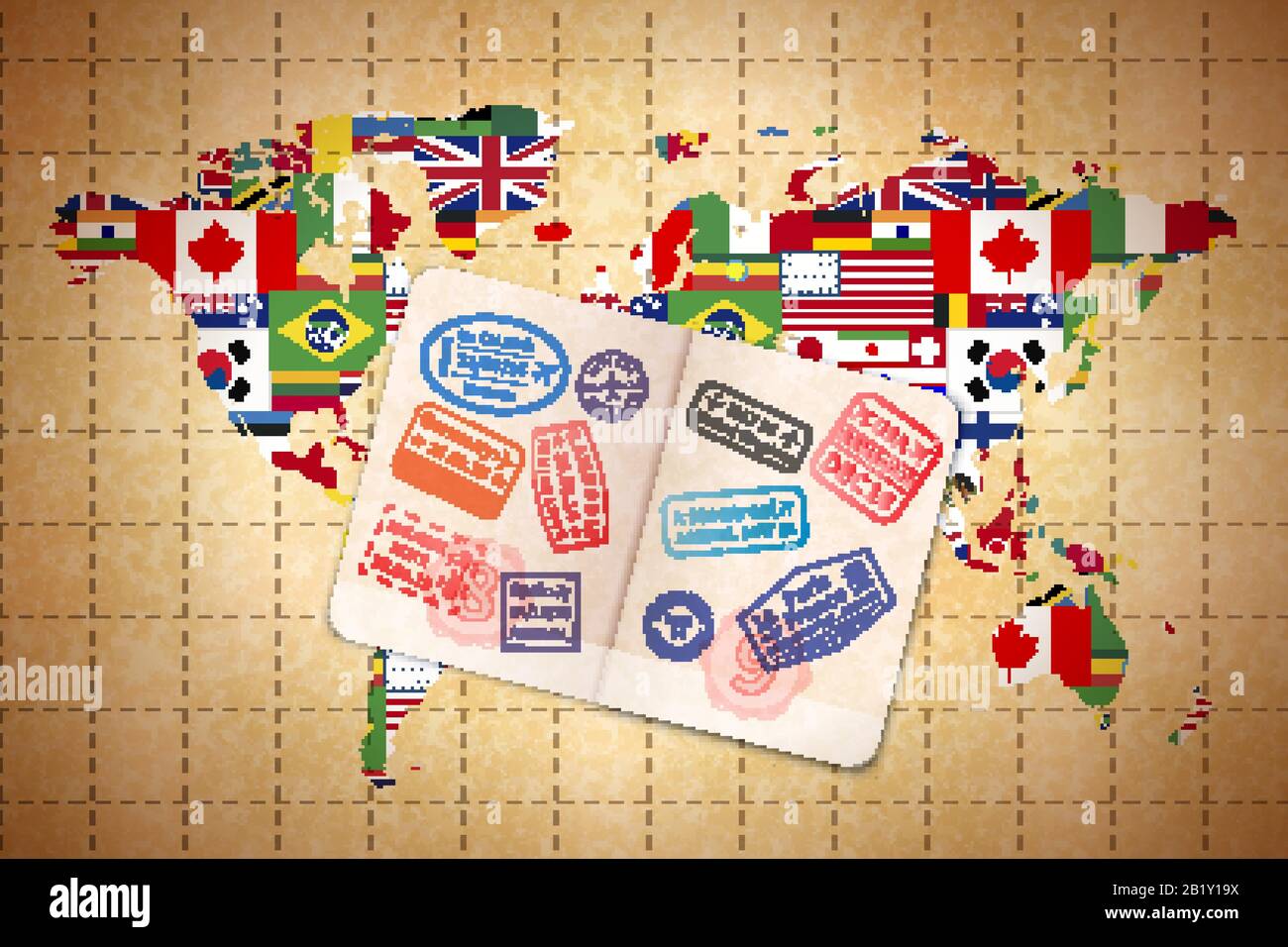 Open foreign passport with international visa stamps on ancient world ...