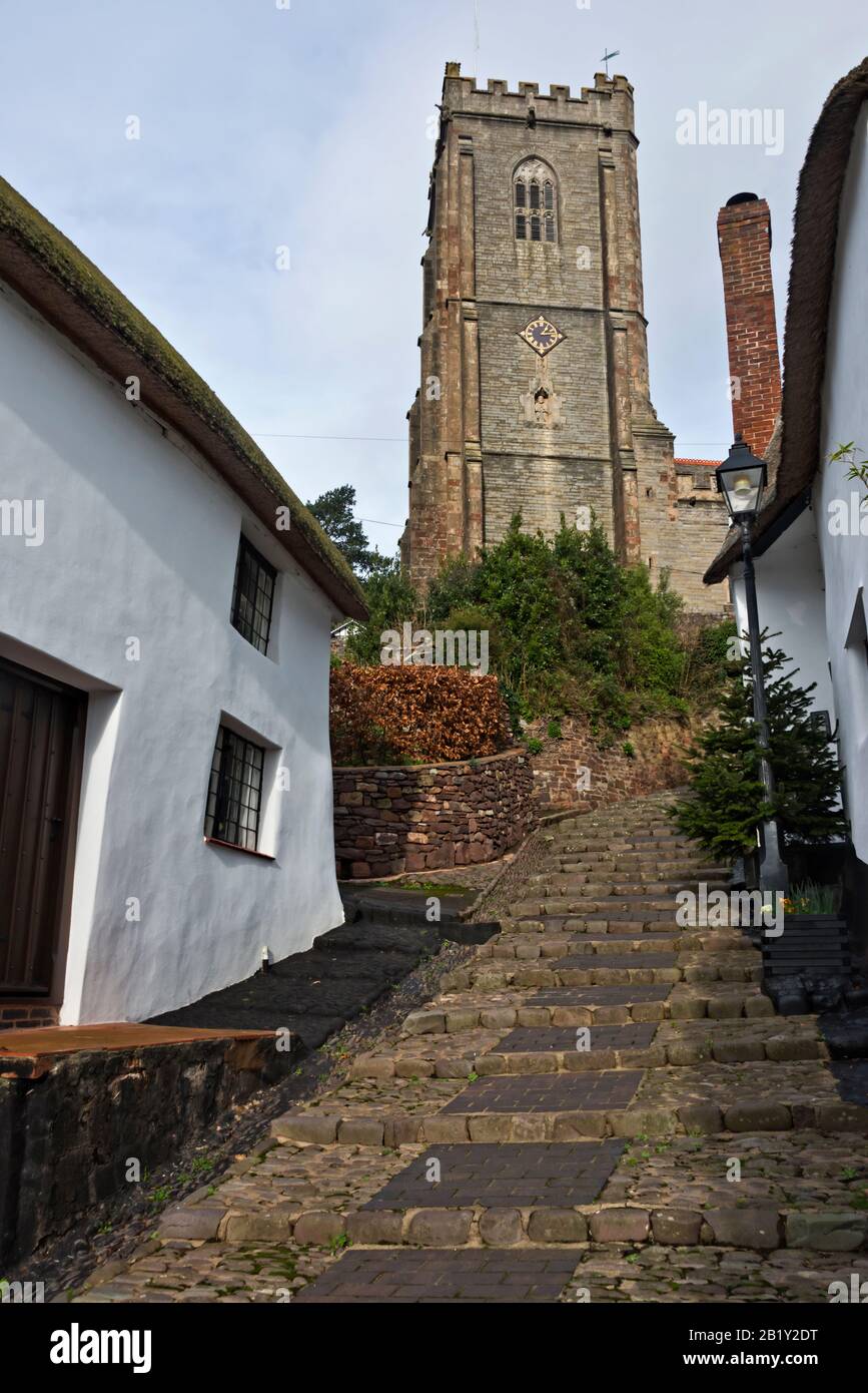 the view up Church Steps past the thatched cob-walled cottages to the ...