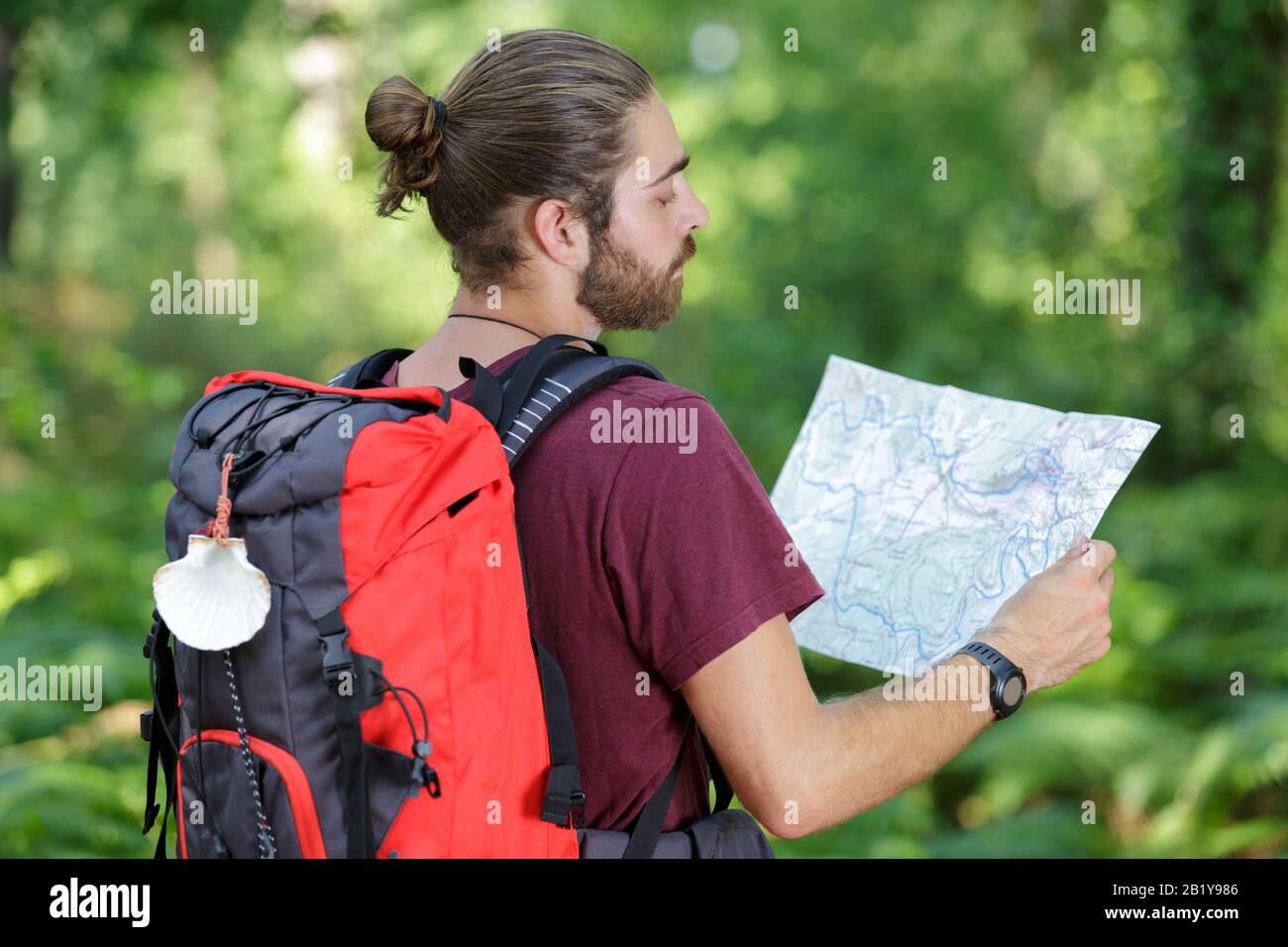 male hiker reading the map near the green hills Stock Photo - Alamy