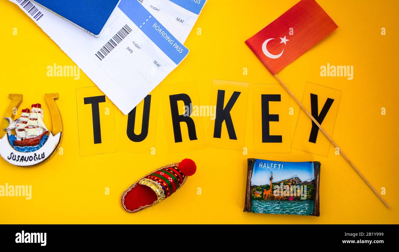 Turkey travel concept, turkish flag, magnets from Halfeti and Sanliurfa ...