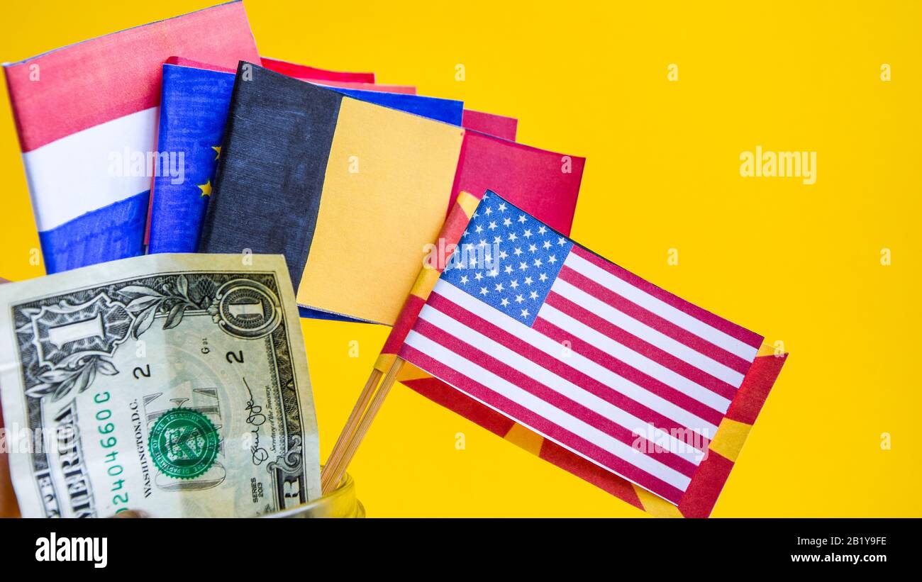 US dollars with world countries flags, travel concept, world money ...