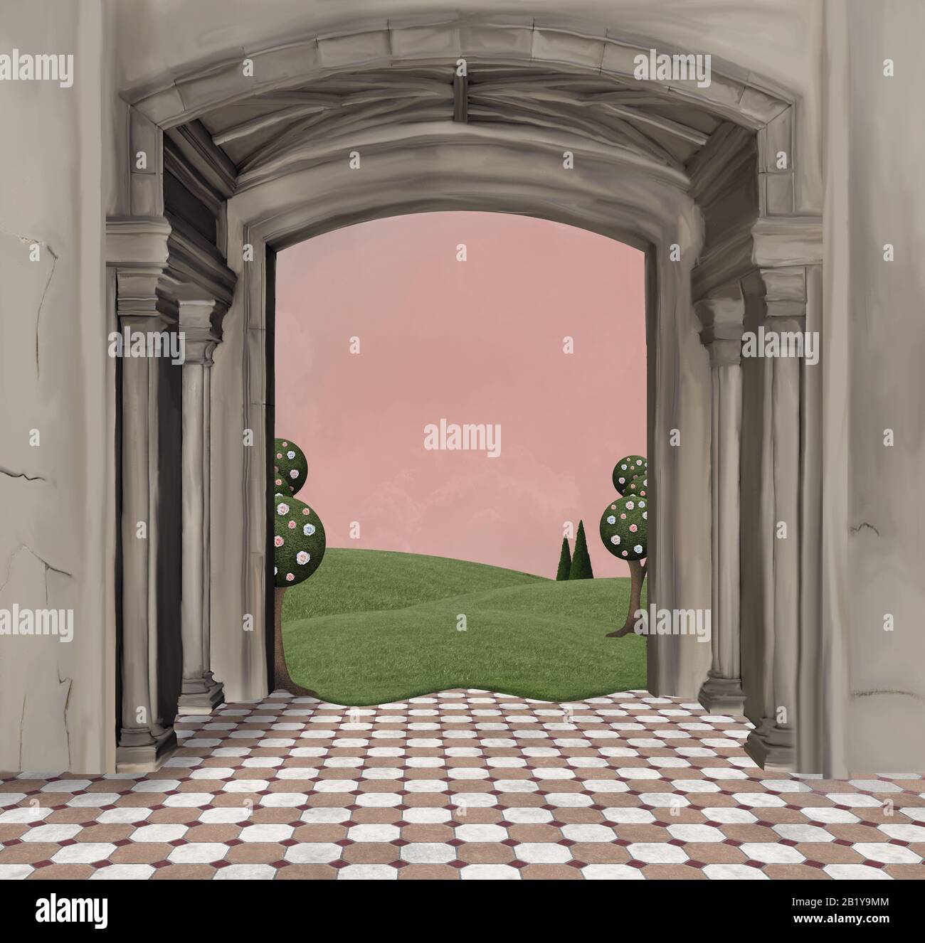 Surreal background of an empty room overlooking a grassy hill Stock ...