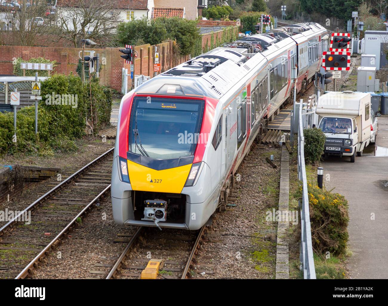 British Rail Class 755 Stadler bi-modal train arriving at Woodbridge ...