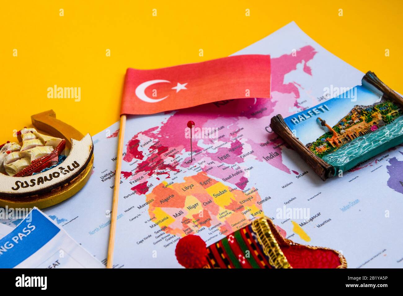 Turkey travel concept, turkish flag, magnets from Halfeti and Sanliurfa ...