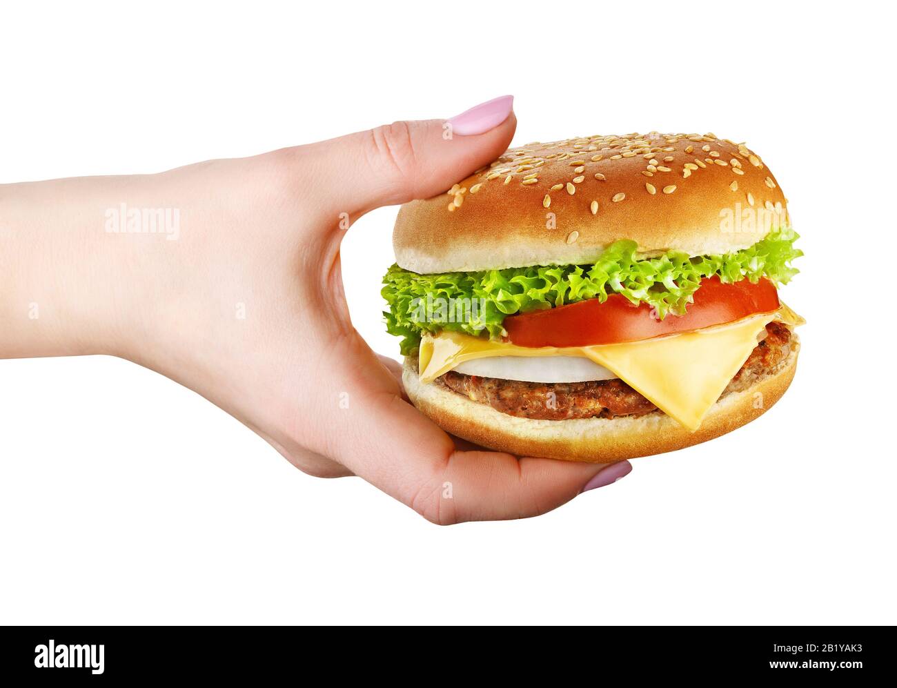 Burger in hand isolated on white background with clipping path Stock ...