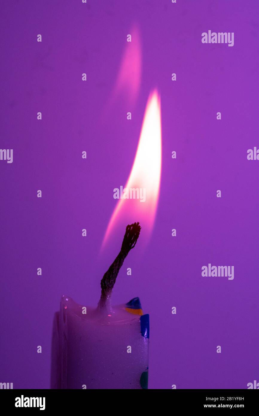 A Close Up of a Single Candle Flame and Wick on Coloured Background ...