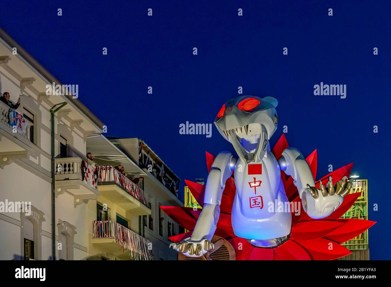 The allegorical float called `Il grande balzo` during the night parade ...